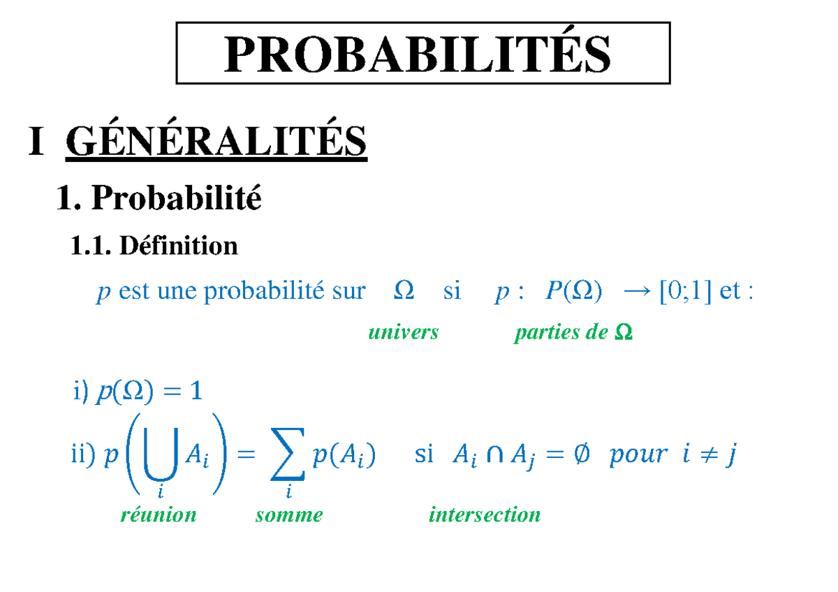 CM12 - Cours - PROBABILITÉS I GÉNÉRALITÉS 1. Probabilité Définition p ...