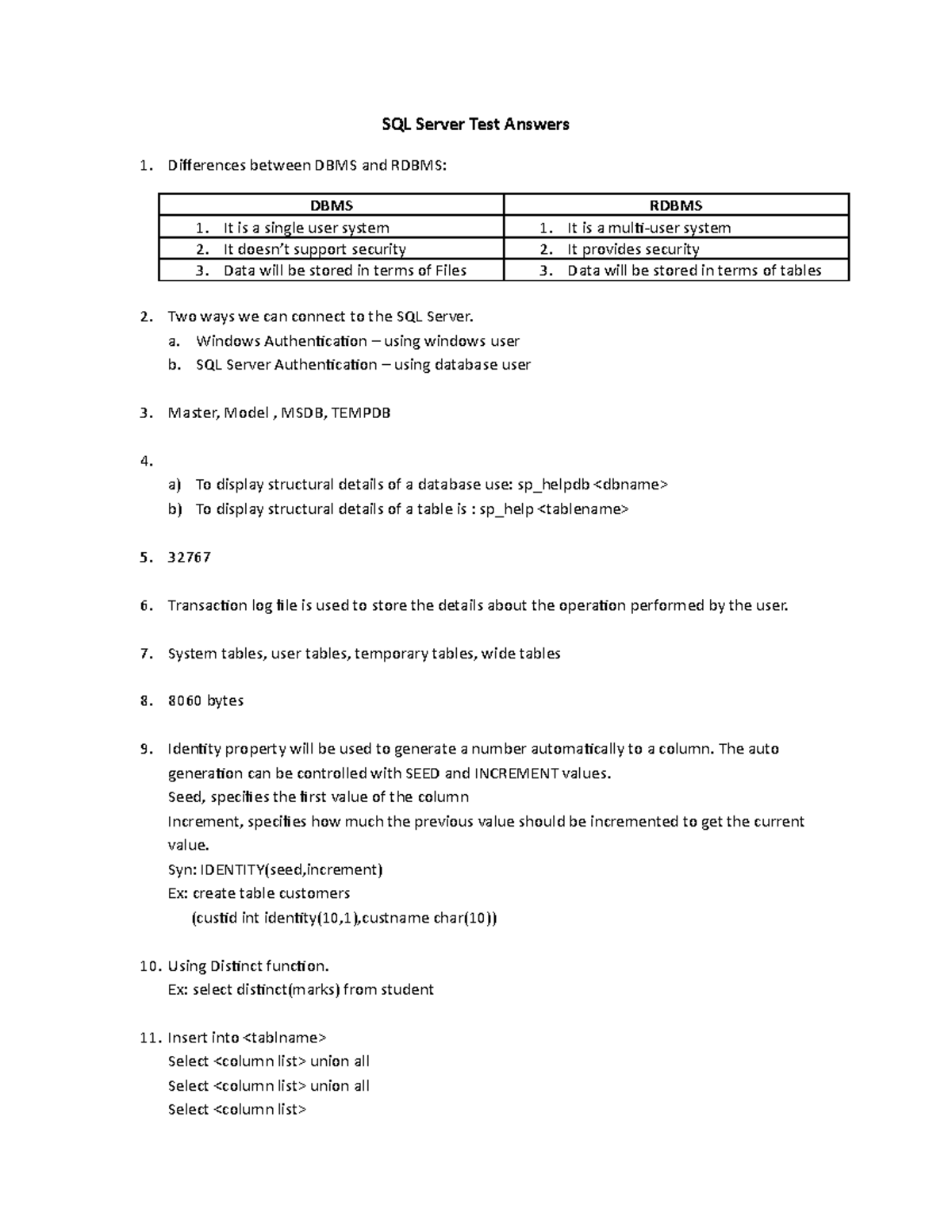 Sql Server Test Answers Sql Server Test Answers Differences Between Dbms And Rdbms Dbms Rdbms 2410
