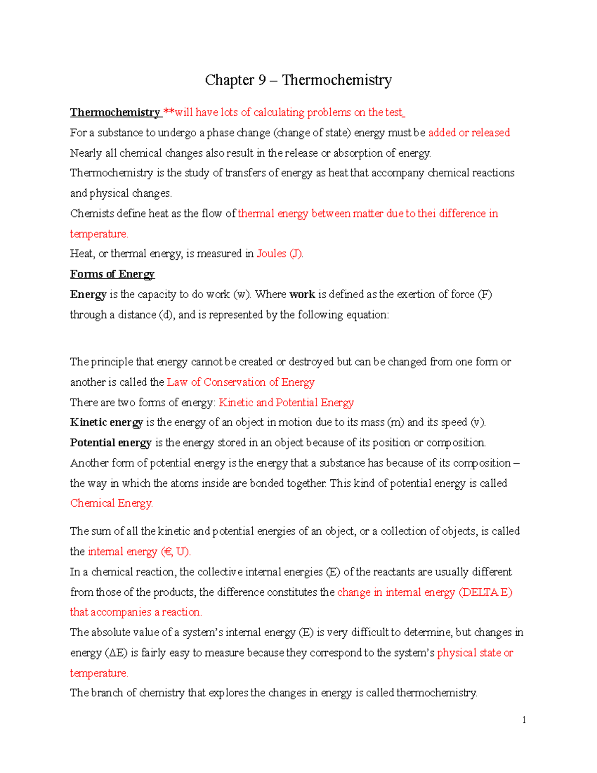 Chapter 9 Guided Notes - Chapter 9 – Thermochemistry Thermochemistry ...