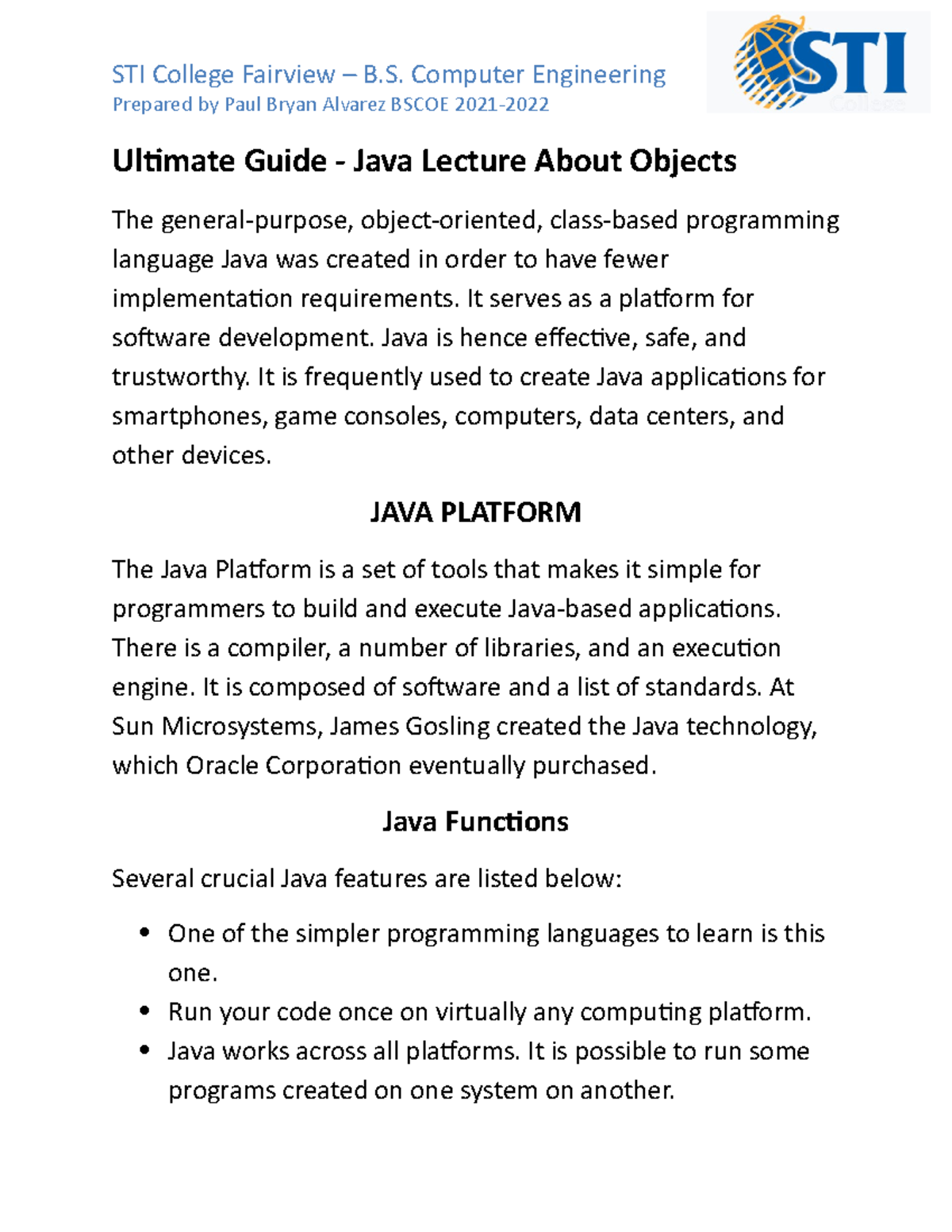 Ultimate Guide - Java Lecture About Objects - Prepared by Paul Bryan ...