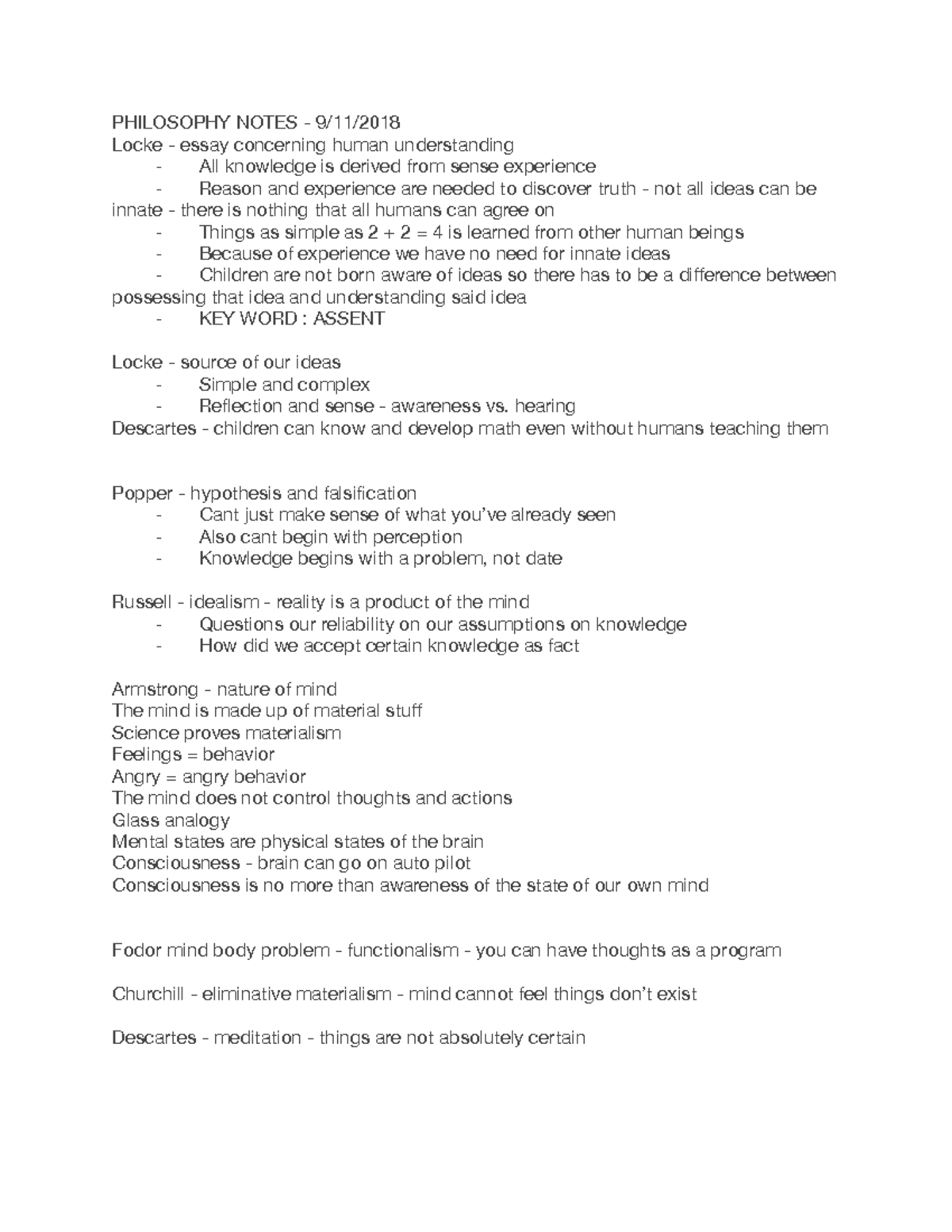 Philosophy Notes 2 - PHILOSOPHY NOTES - 9/11/2018 Locke - essay ...