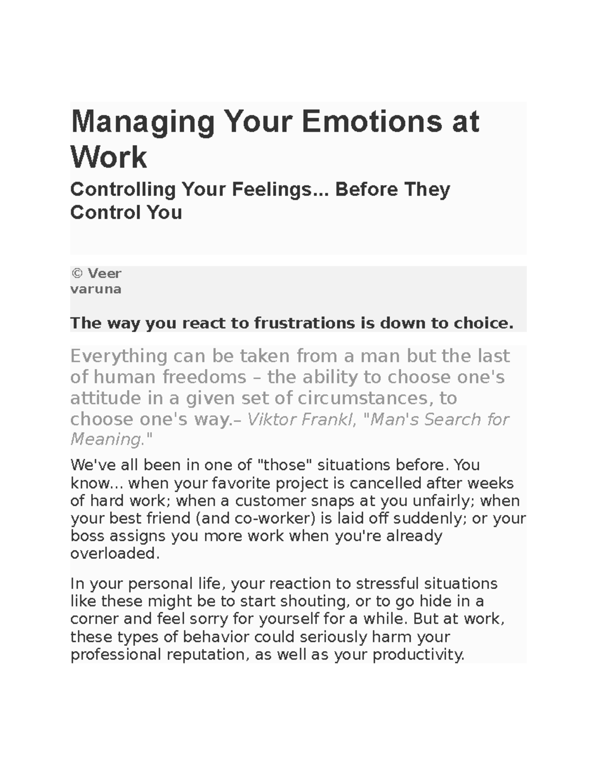 Managing Your Emotions at Work - Managing Your Emotions at Work ...