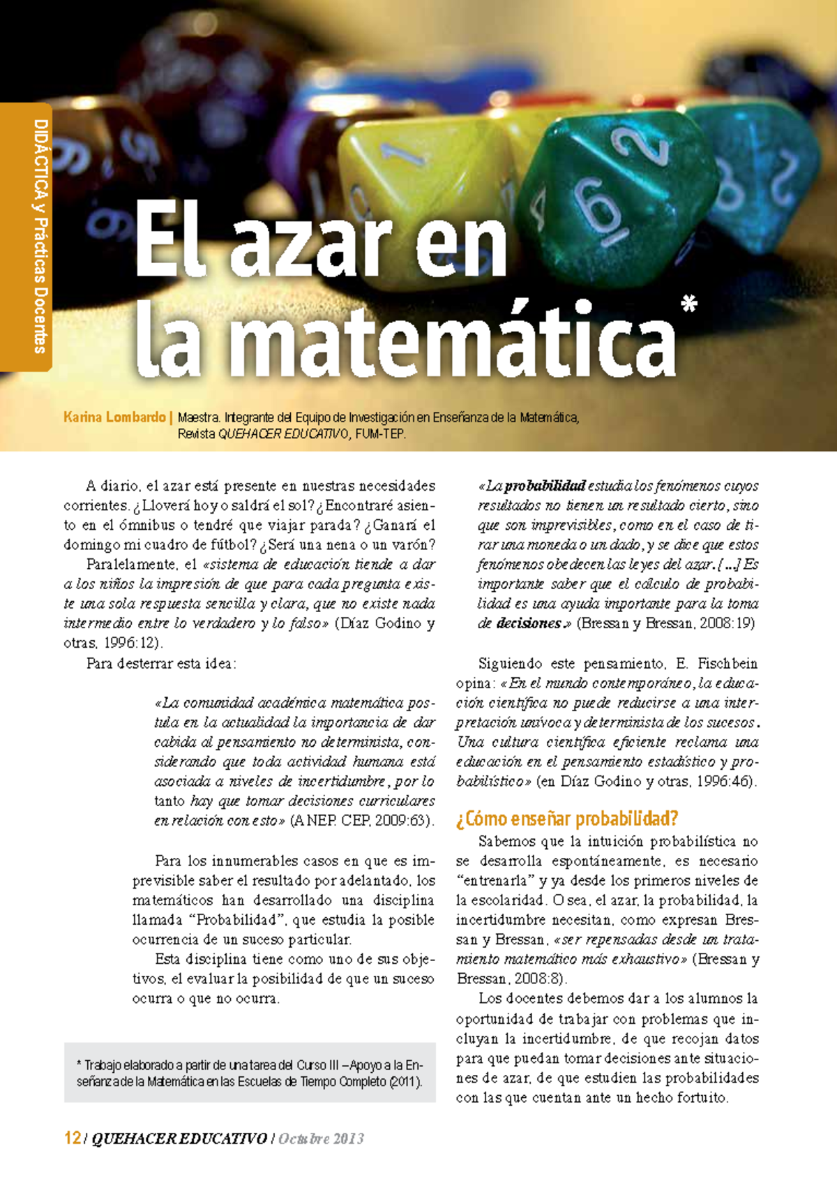 EL AZAR EN LA Matemática - DIDÁCTICA y Prácticas Docentes 12 / QUEHACER ...