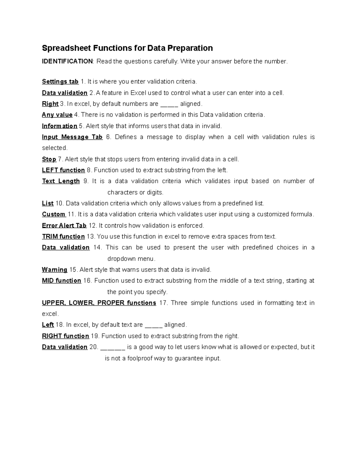 Advanced Software Packages Activity 2 - Spreadsheet Functions for Data ...