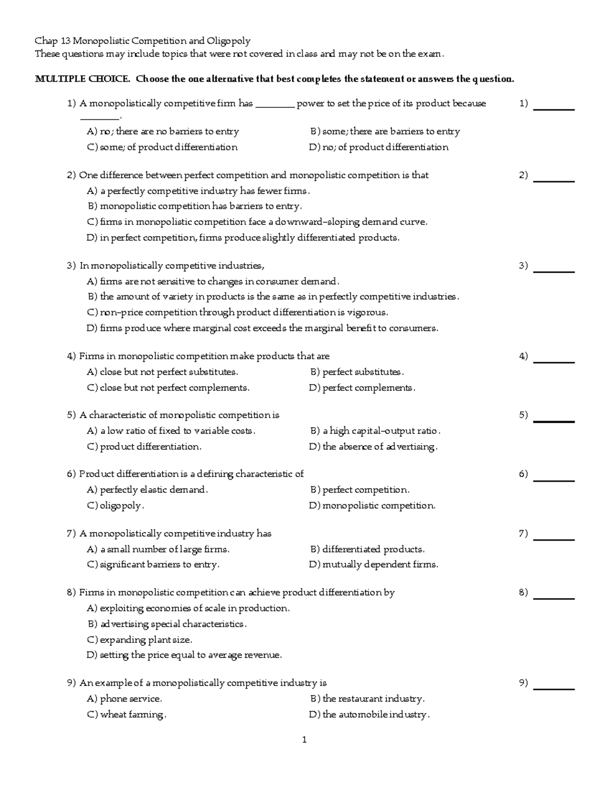 Econ chapter 7 - practice questions - Chap 13 Monopolistic Competition and Oligopoly These ...
