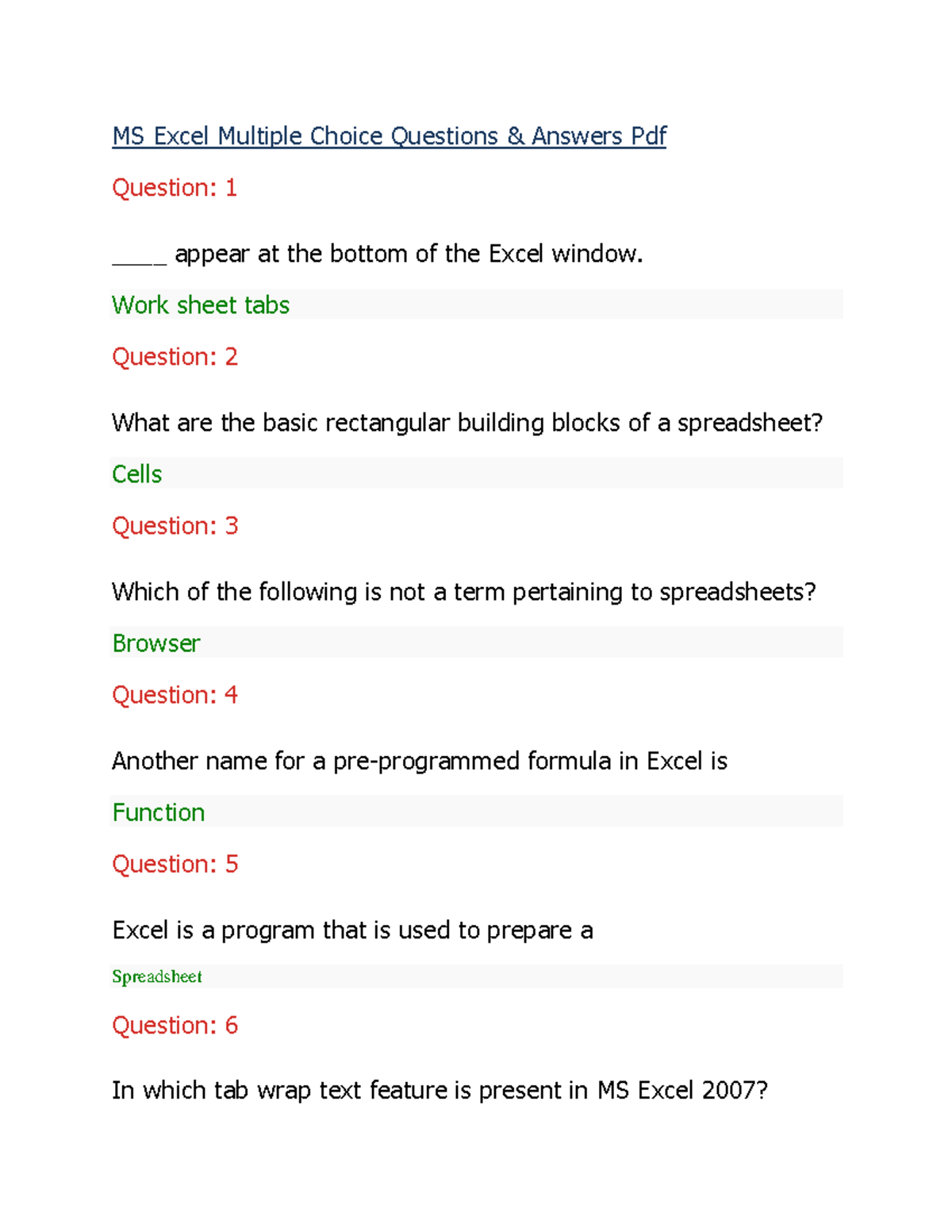 Ms excel multiple choice questions - MS Excel Multiple Choice Questions ...