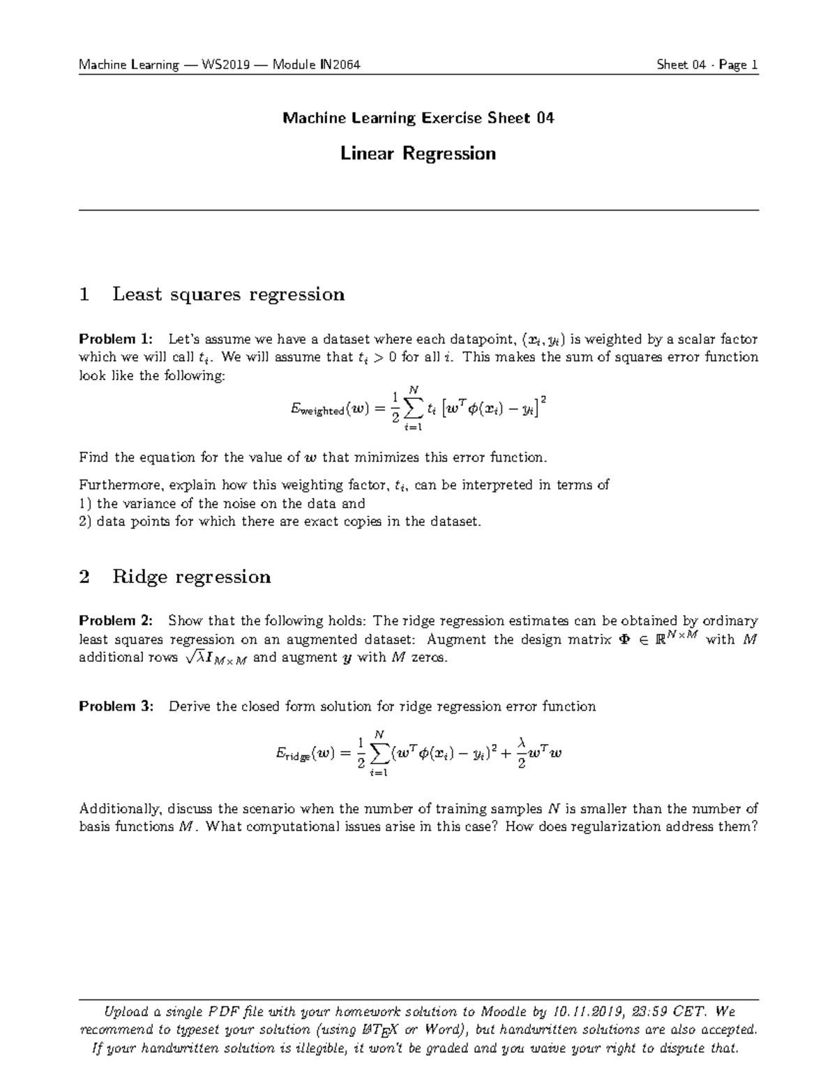 Exercise 04 linear regression - Machine Learning — WS2019 — Module IN2064 Sheet 04·Page 1 ...