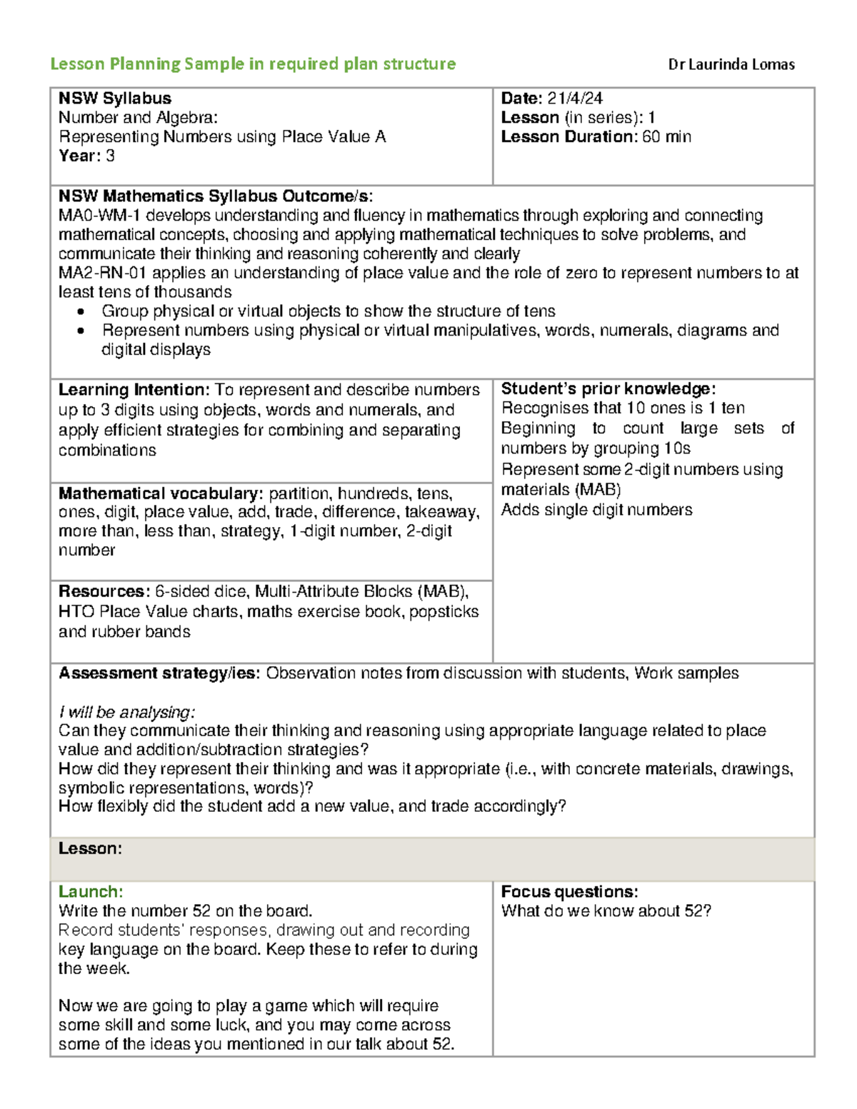 Math lesson plan example - Lesson Planning Sample in required plan ...