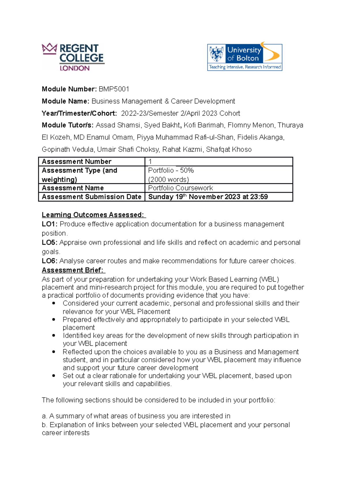 BMP5001 BMCD AS1 Brief April 2023 Cohort - Module Number: BMP Module ...