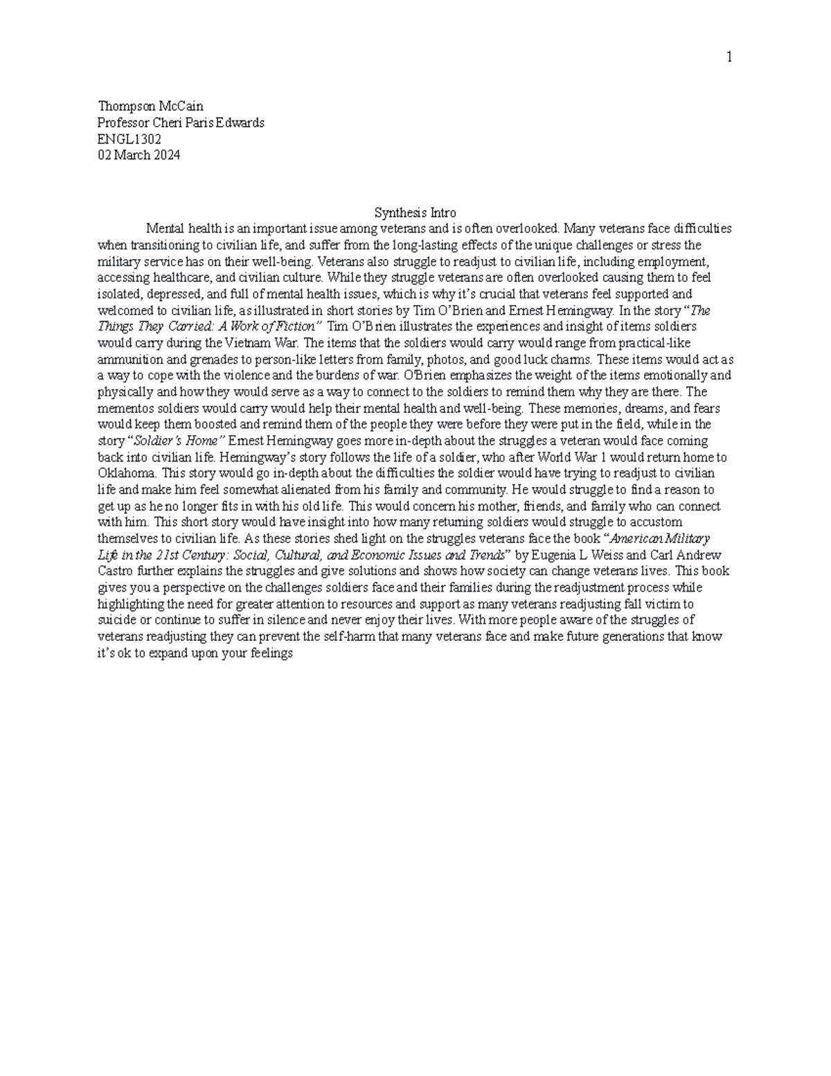 Intro - dgfhgjhk - 1 Thompson McCain Professor Cheri Paris Edwards ENGL ...