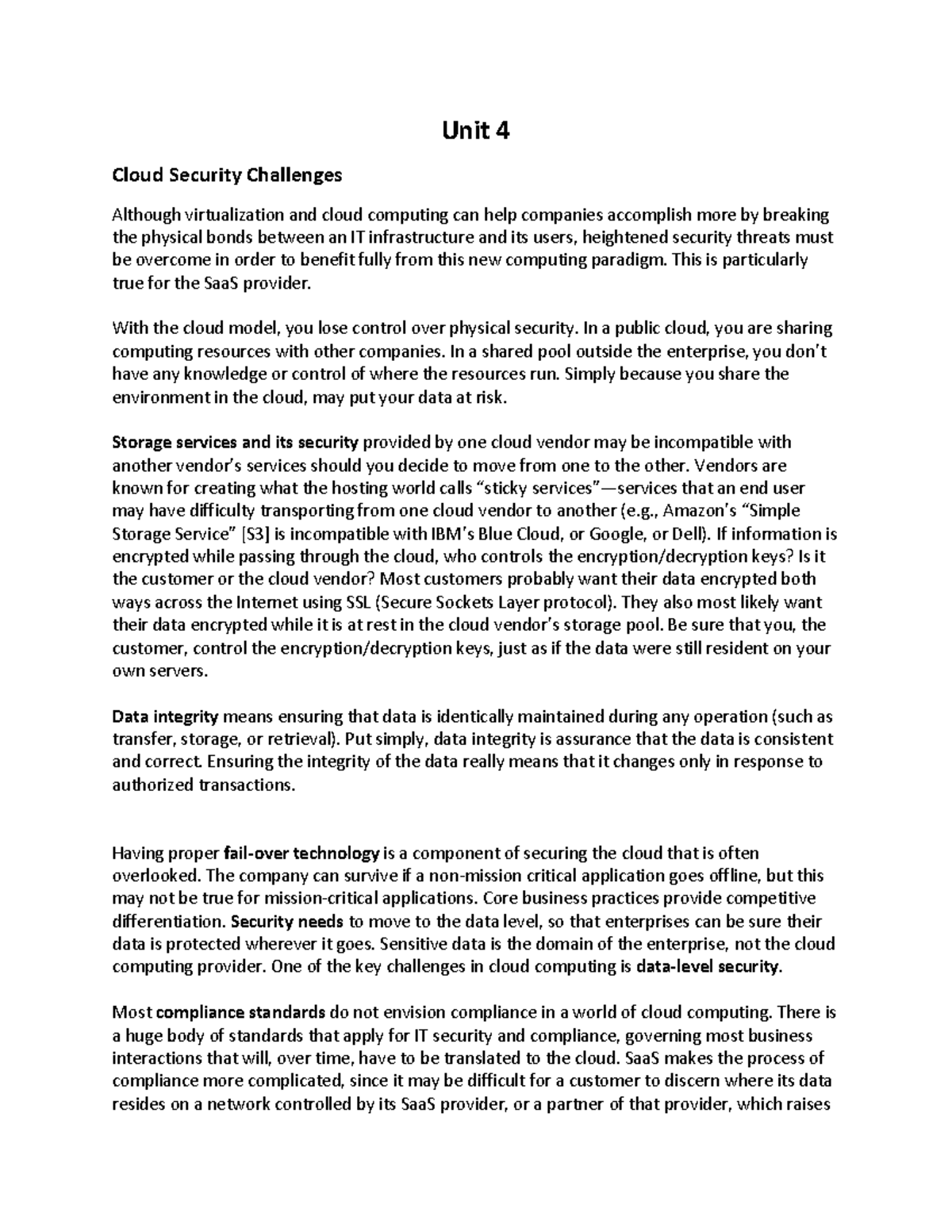 Cloud Computing Unit4 - Unit 4 Cloud Security Challenges Although virtualization and cloud ...