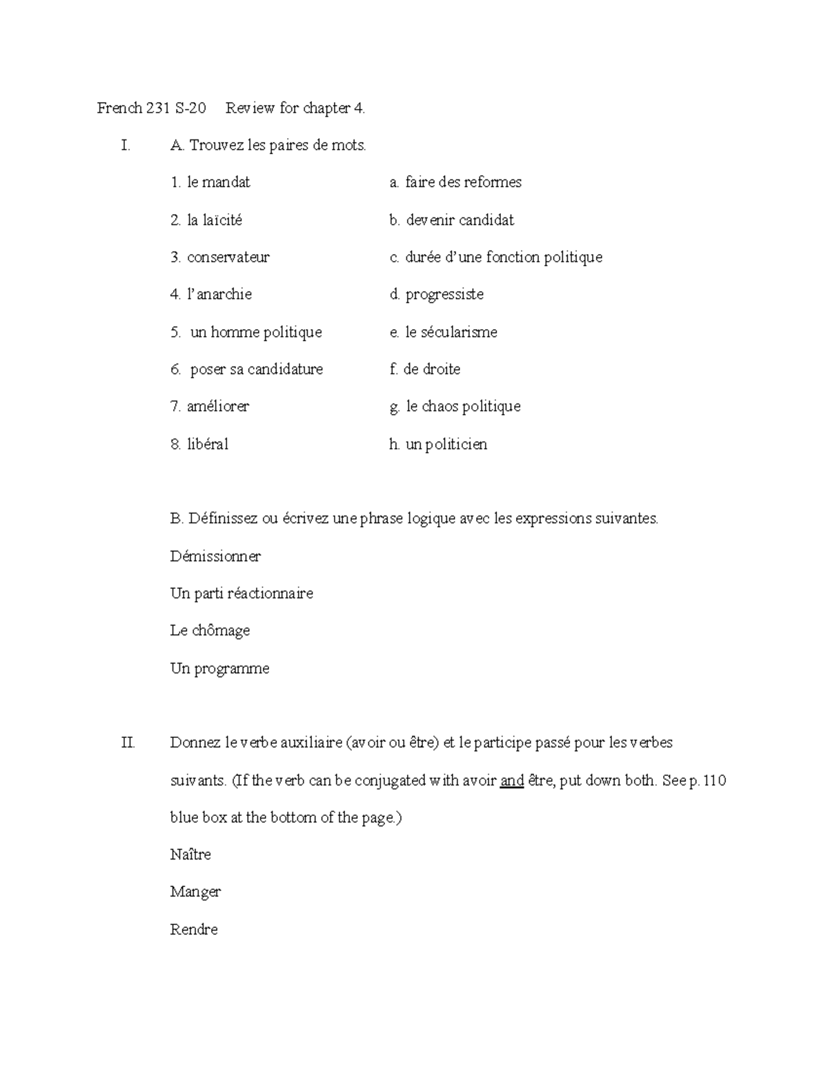 French 231 1 - classwork - French 231 S-20 Review for chapter 4. I. A ...