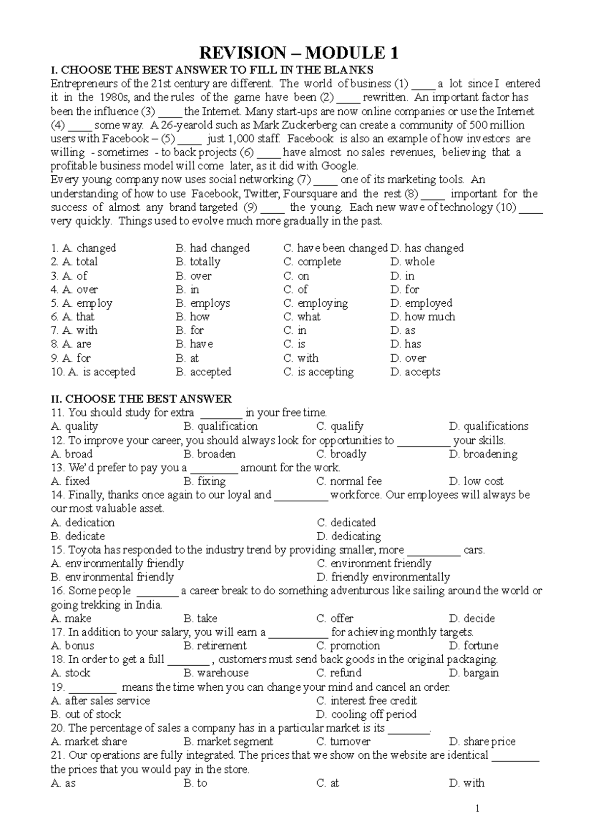 Revision 2022 - bài tiếng anh - REVISION – MODULE 1 I. CHOOSE THE BEST ...