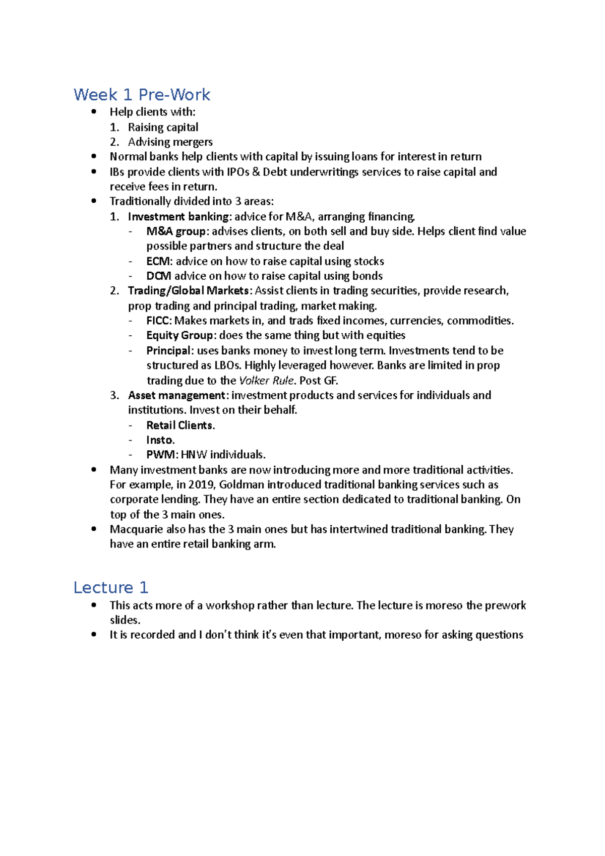 Notes - Week 1 pre work for investment banking subject at UTS. - Week 1 ...