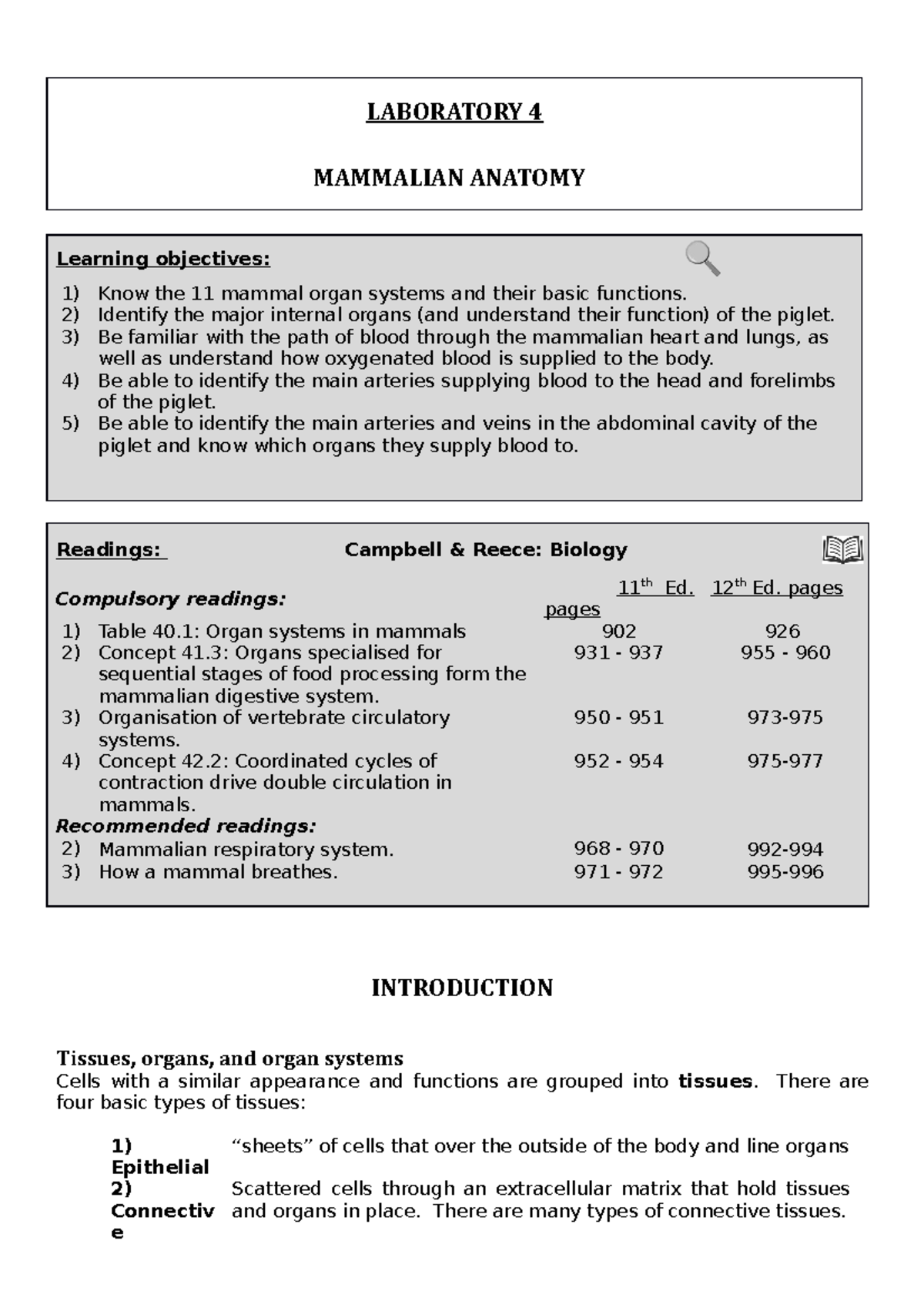 Lab 4 - Mammalian Anatomy - LABORATORY 4 MAMMALIAN ANATOMY Learning ...