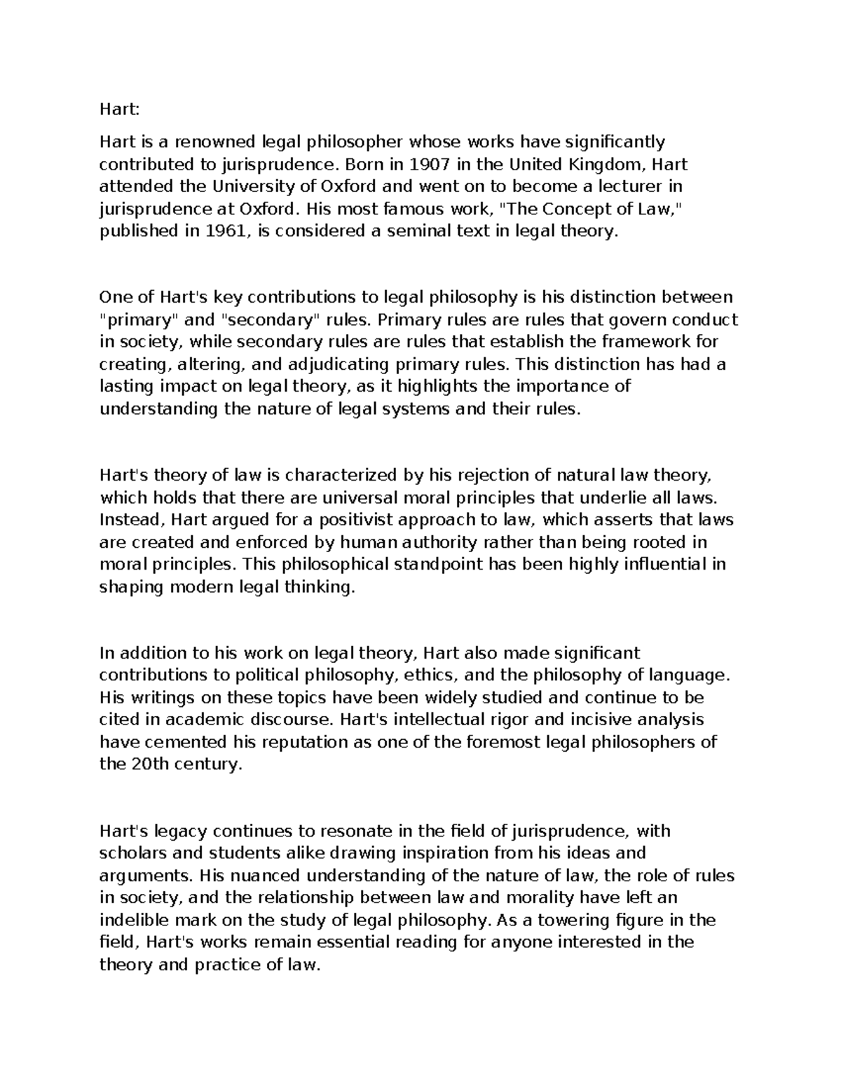 Hart and his impact on art philosphy - Hart: Hart is a renowned legal ...