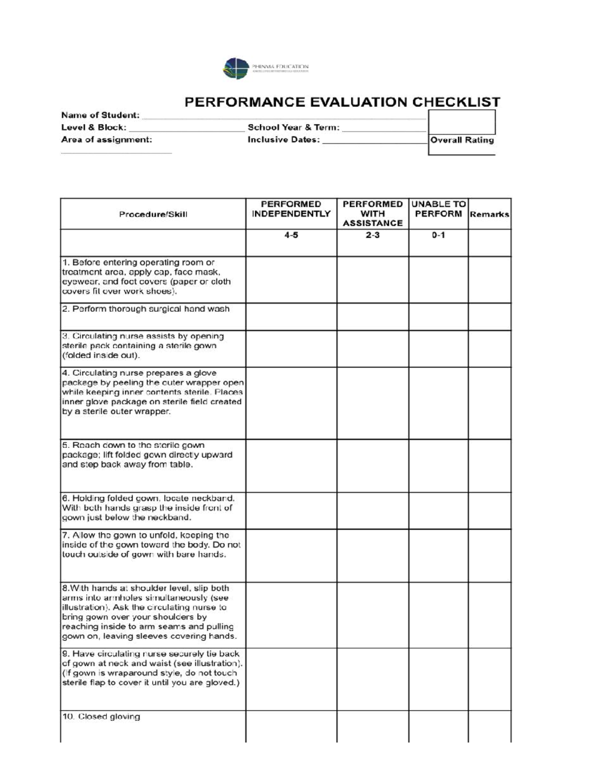 Gowning Return Demo - PHINMA EDUCATION PERFORMANCE EVALUATION CHECKLIST ...