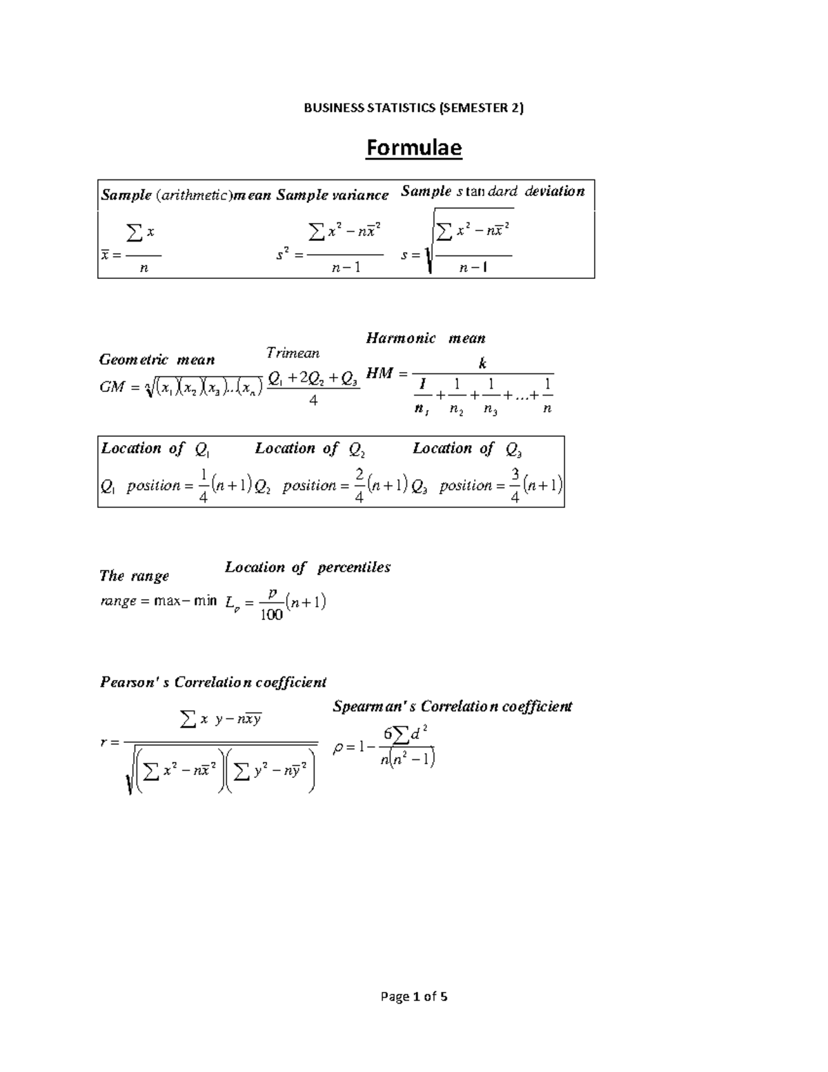 Business Stats Semester 2 Formula Sheet - BUSINESS STATISTICS (SEMESTER ...
