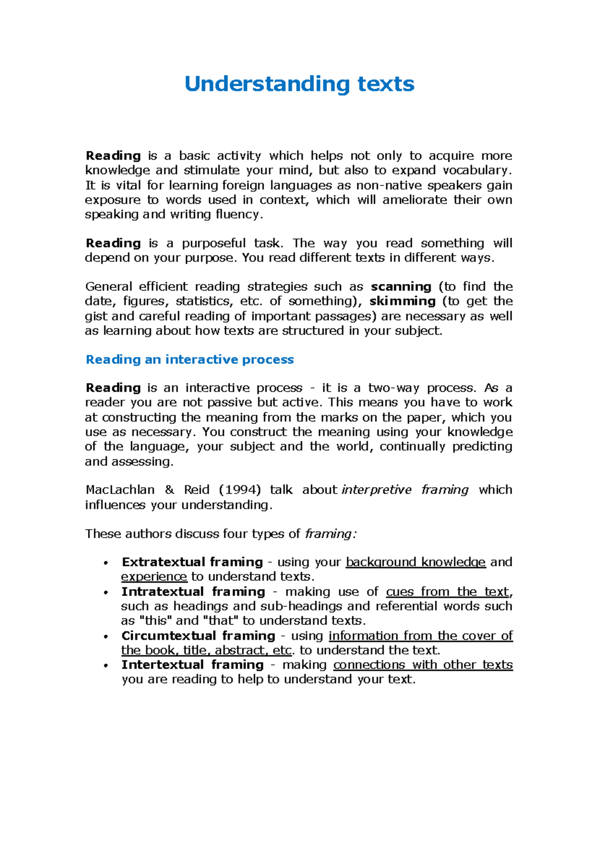 1. Understanding texts Reading docx - Understanding texts Reading is a ...