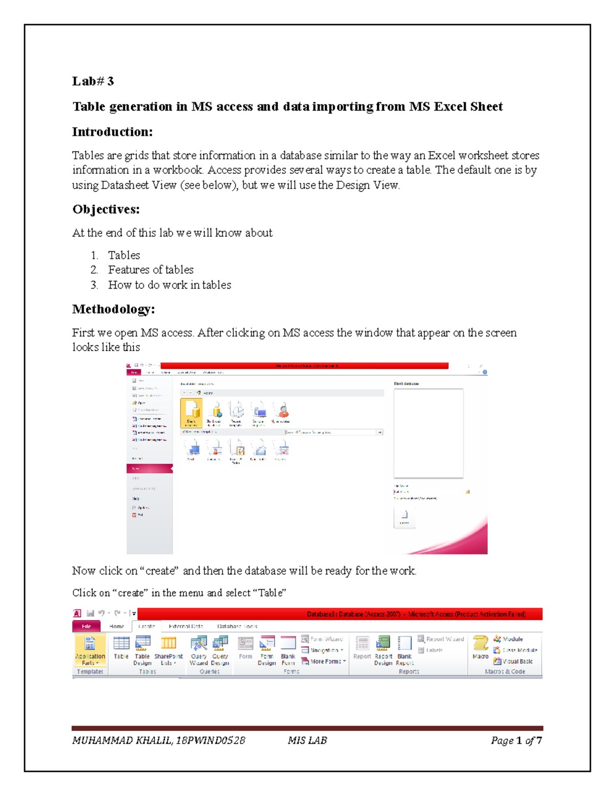 MIS Lab 03 - Lab work - Lab# 3 Table generation in MS access and data importing from MS Excel ...