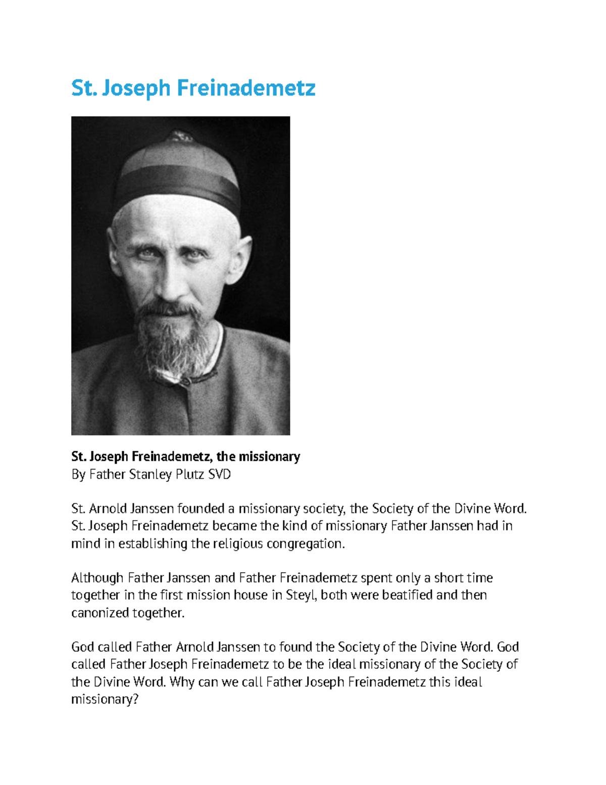 LIFE AND WORKS OF ST JOSEPH FR - St. Joseph Freinademetz St. Joseph ...