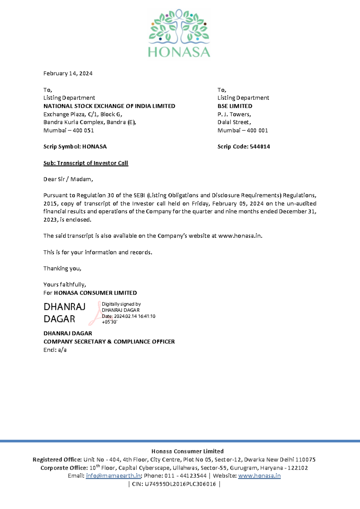 Mamaearth concall - Honasa Consumer Limited Registered Office: Unit No ...