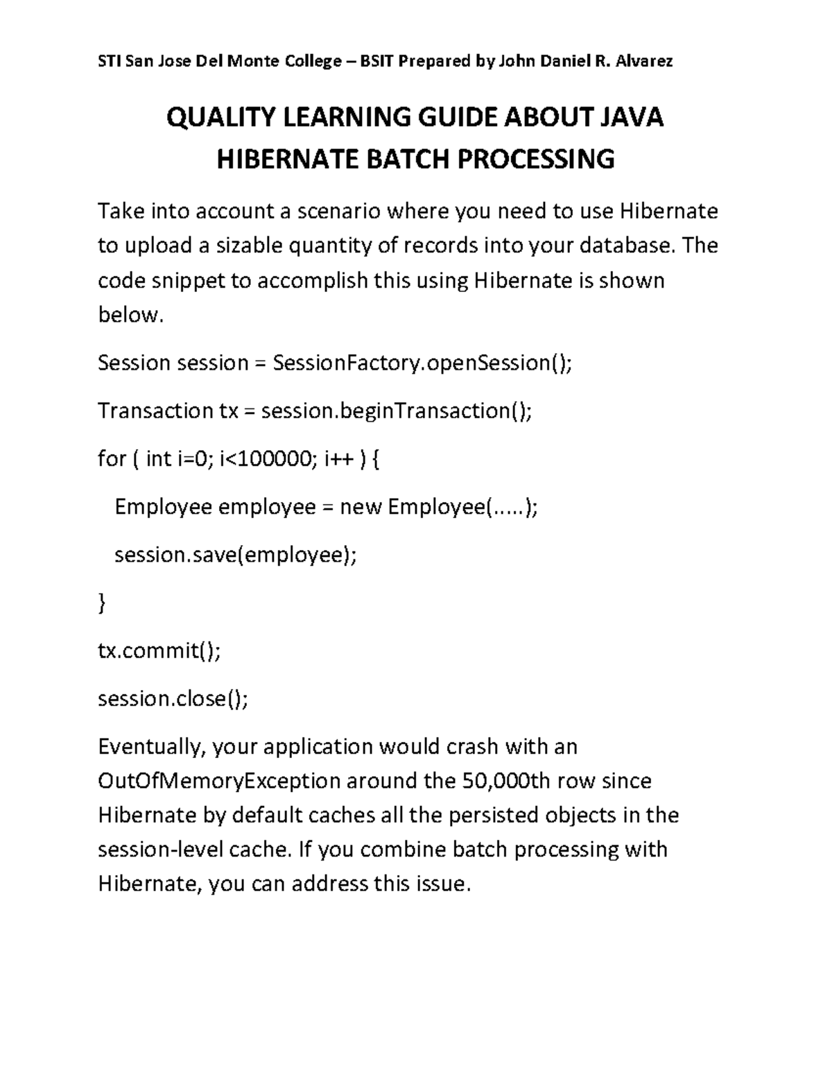 Quality Learning Guide About Java Hibernate Batch Processing Quality Learning Guide About Java