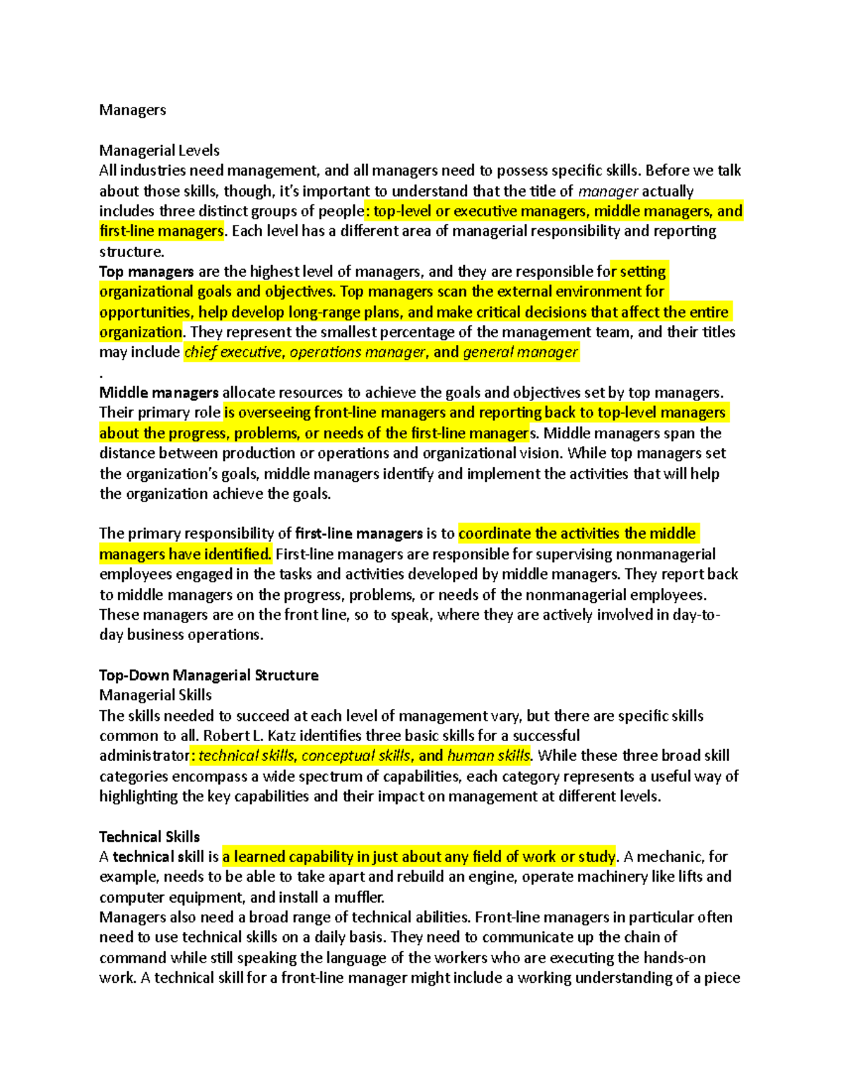 Managers - My notes - Managers Managerial Levels All industries need ...