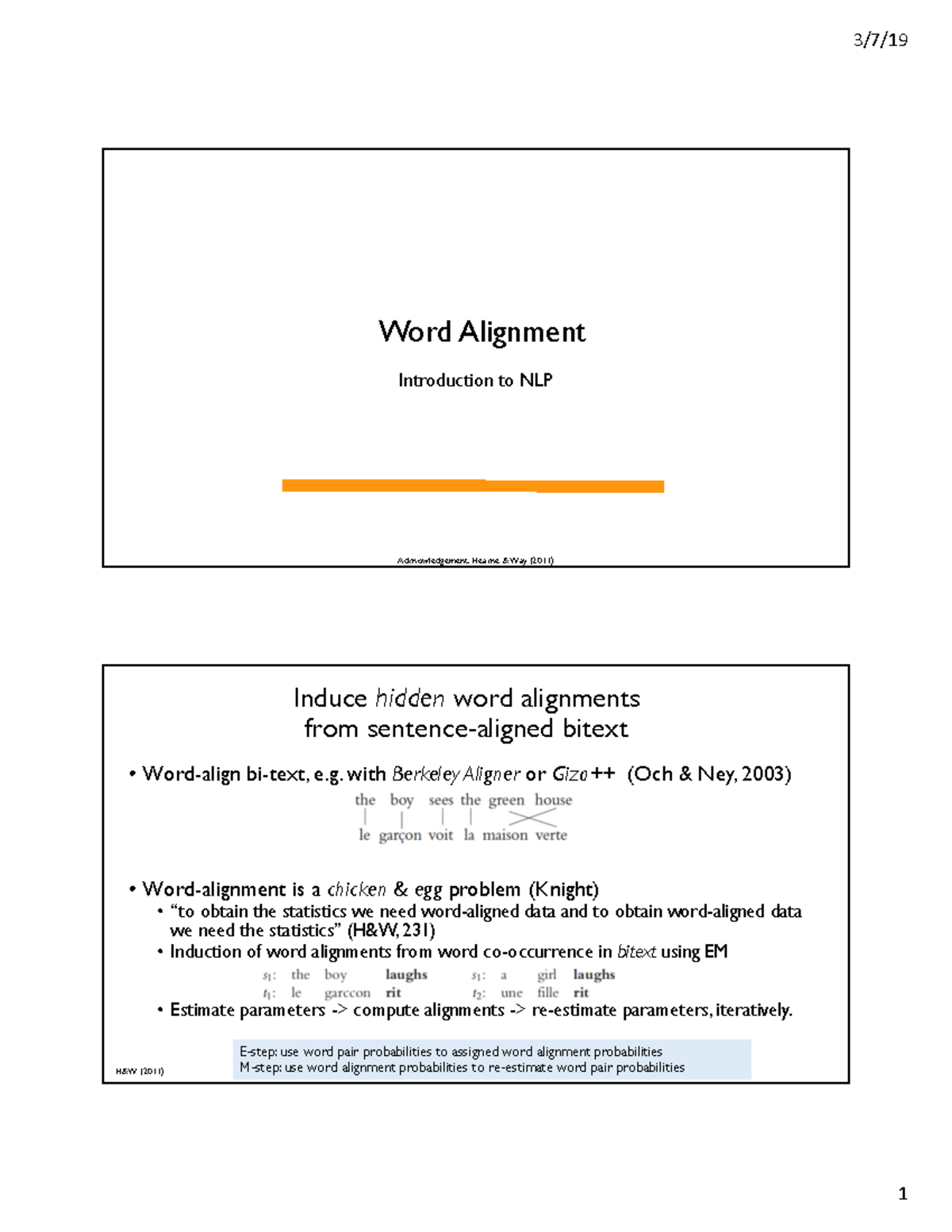 (10) Word Alignment A - Lecture 10 notes - Word Alignment ...