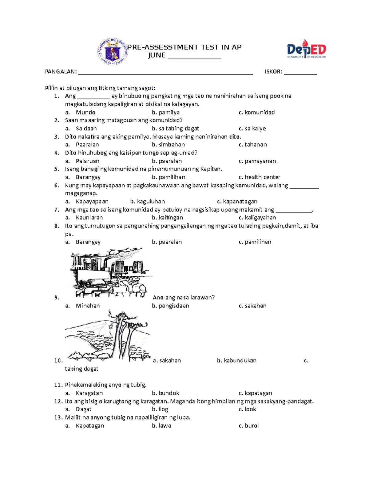 PRE-TEST Araling Panlipunan 2 - PRE-ASSESSTMENT TEST IN AP JUNE ...