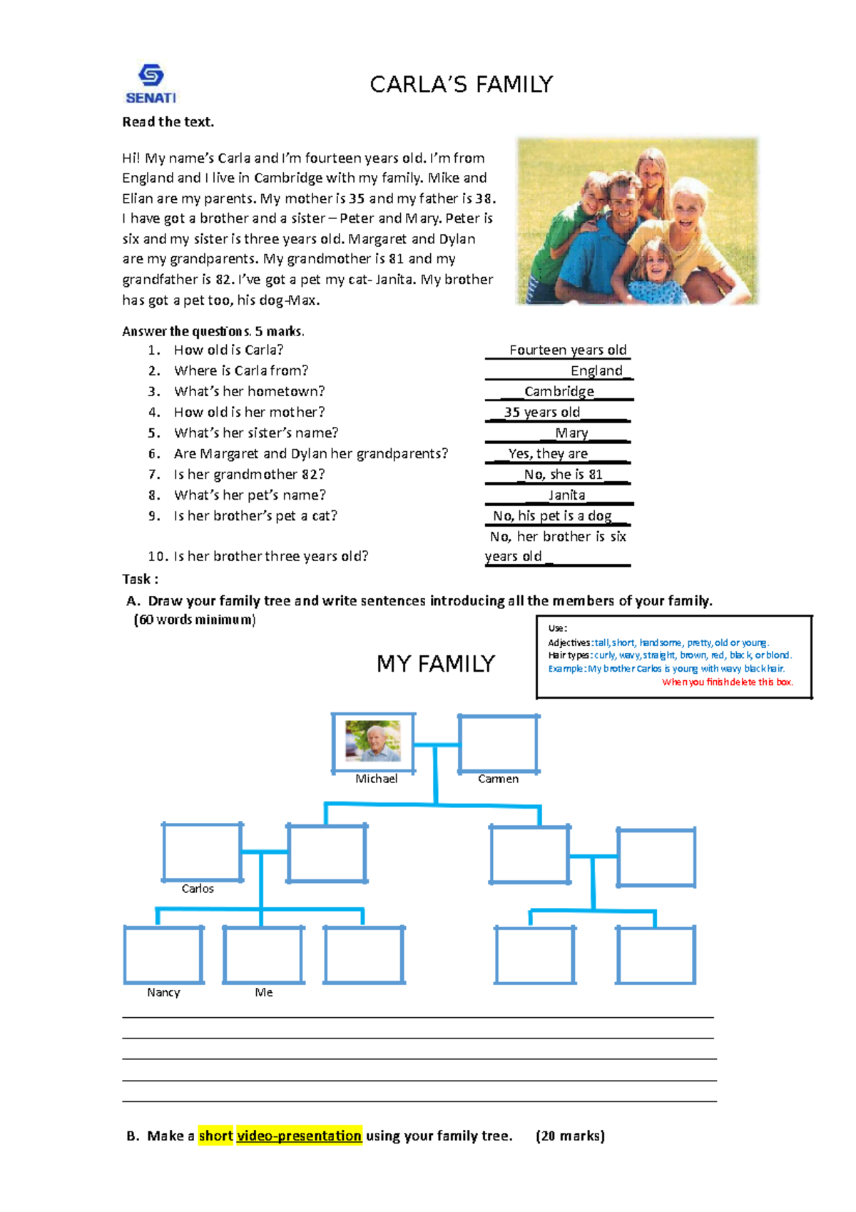 Actividad Entregable 1 The family - CARLA’S FAMILY Read the text. Hi ...