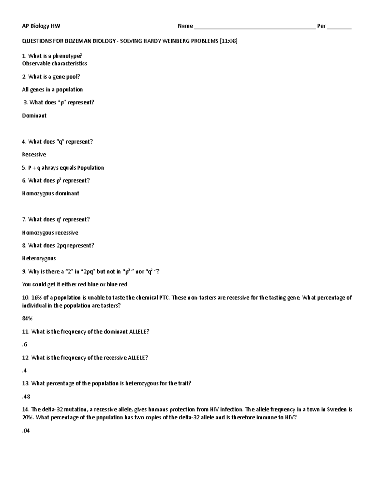 Unit 7.5 Hardy Weinberg Bozeman Video - AP Biology HW Name