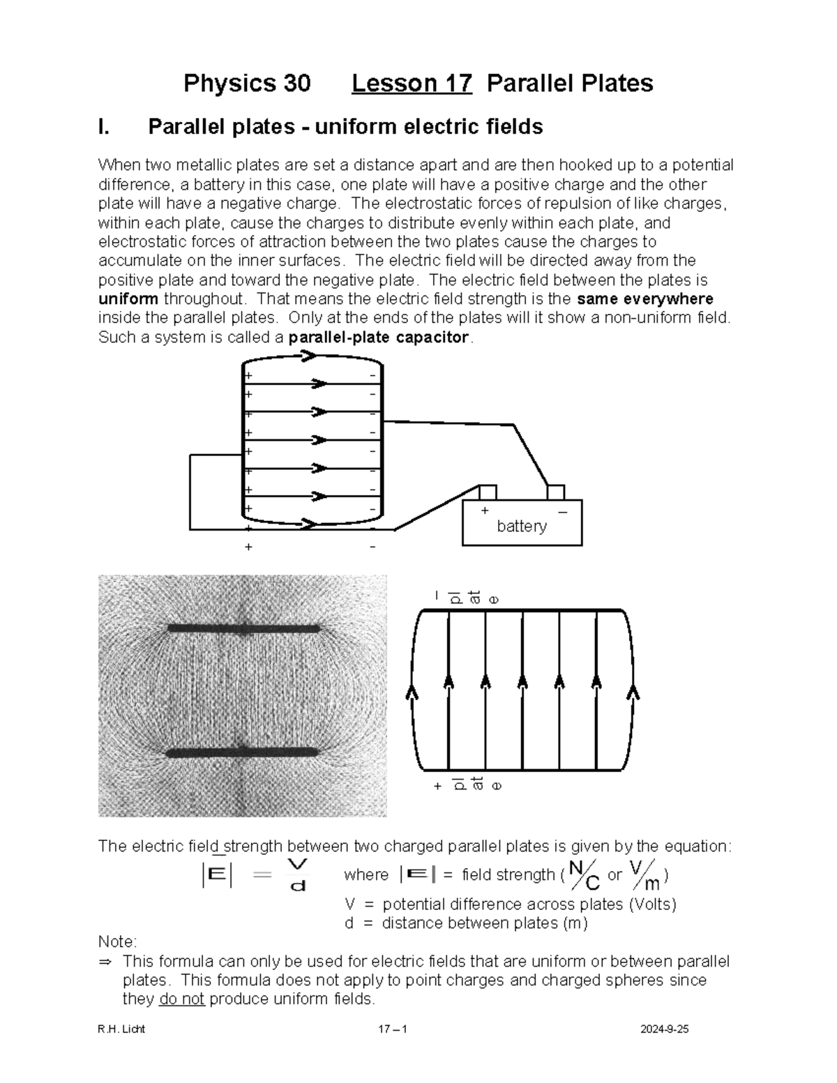 L17Parallel Plates - Physics 30 Lesson 17 Parallel Plates I. Parallel ...