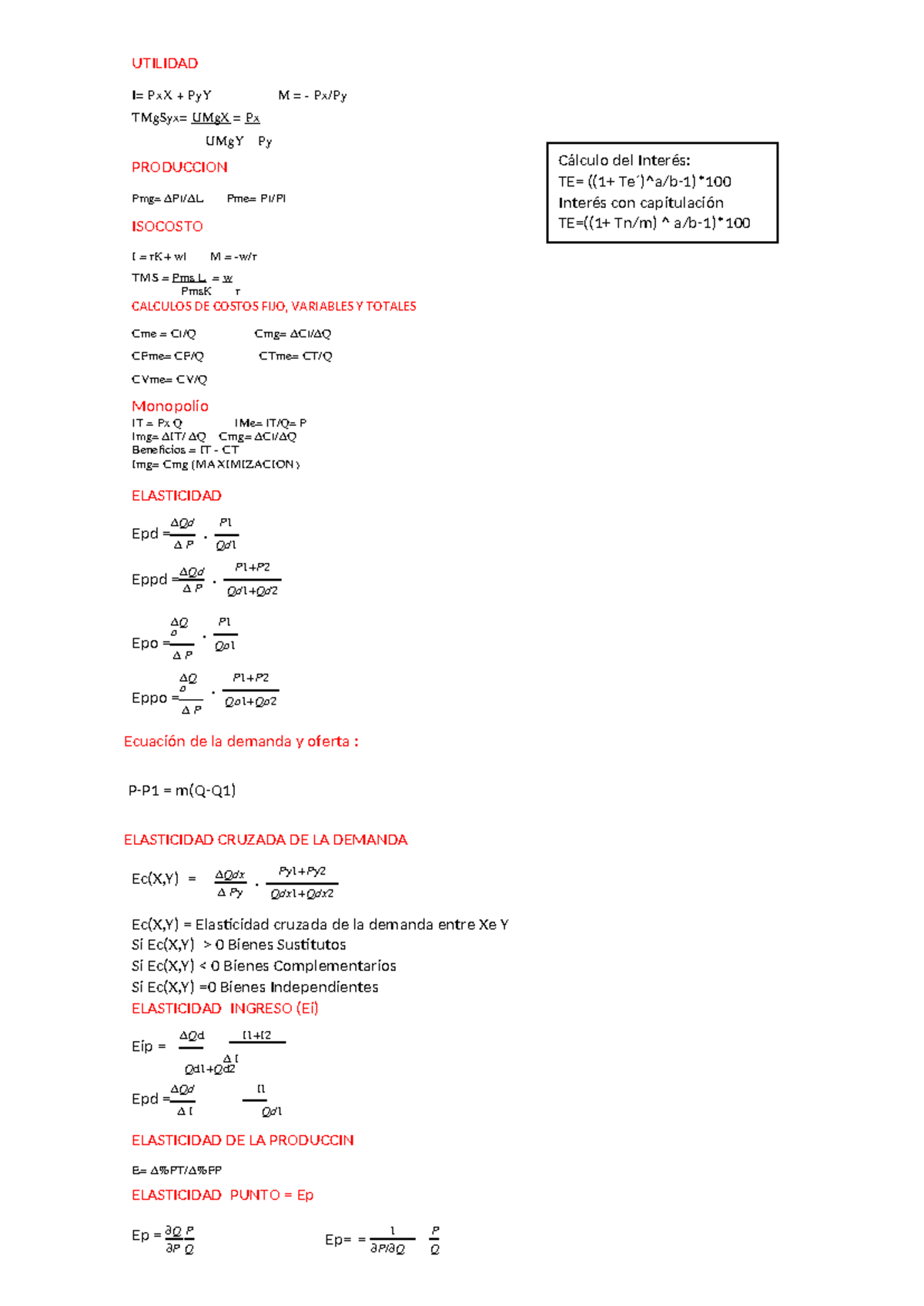 Formulas examen final 10 - UTILIDAD I= PxX + PyY M = - Px/Py TMgSyx ...