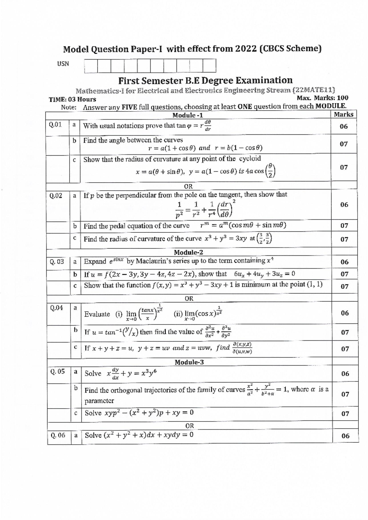 22MATE11 Model-QP-Scheme-Solution MMK - Model Question with effect from ...
