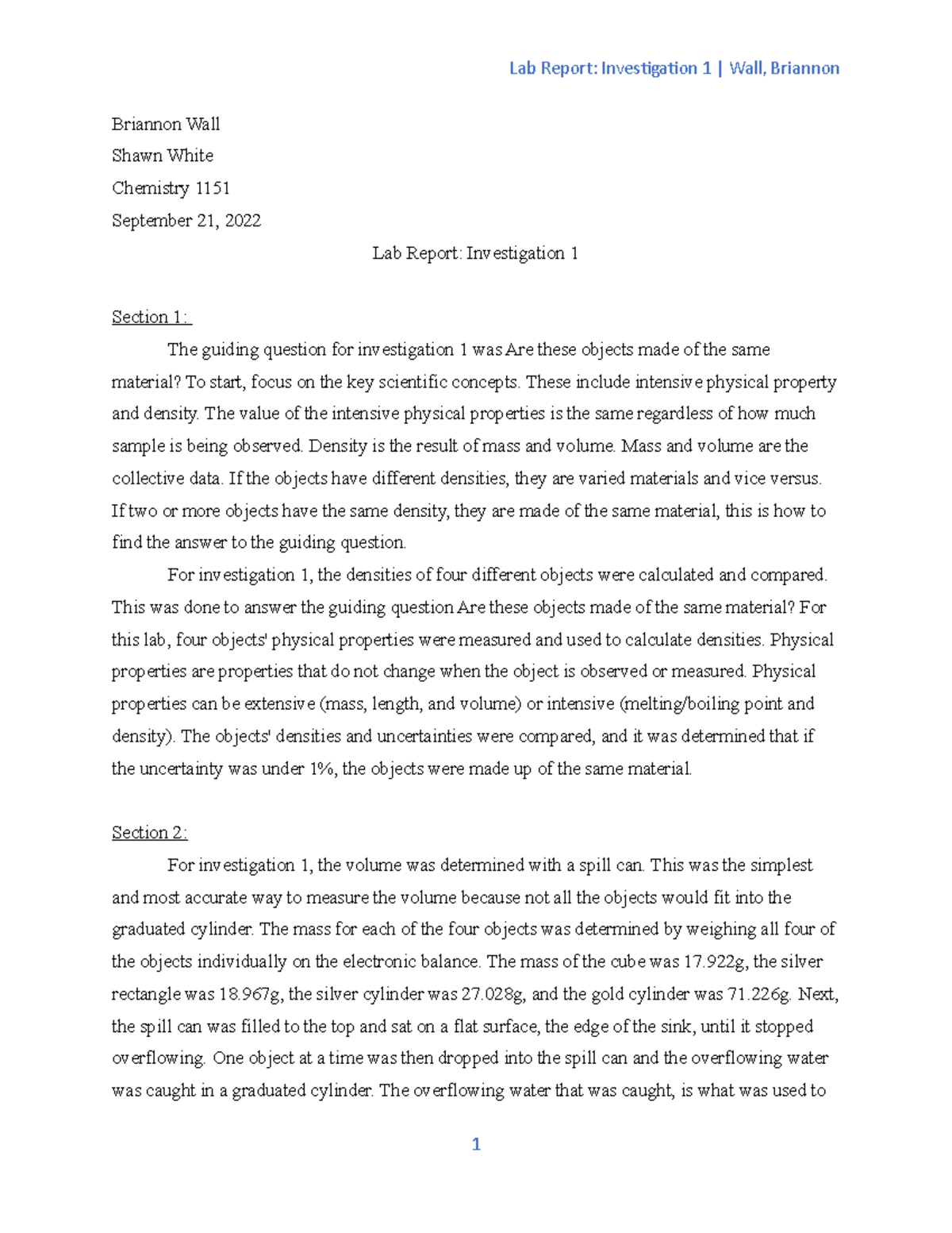 Final Lab Report- Investigation 1 - Lab Report: Investigation 1 | Wall ...