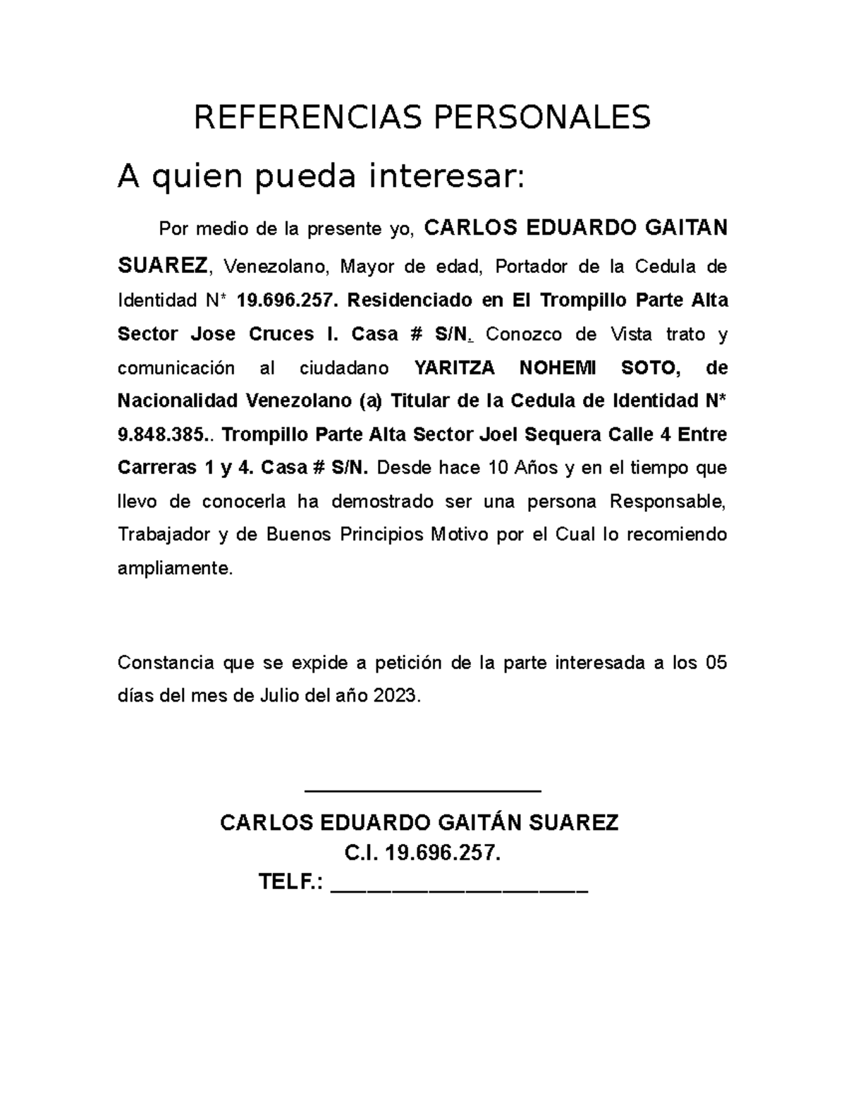 Referencias Personales - REFERENCIAS PERSONALES A quien pueda interesar ...