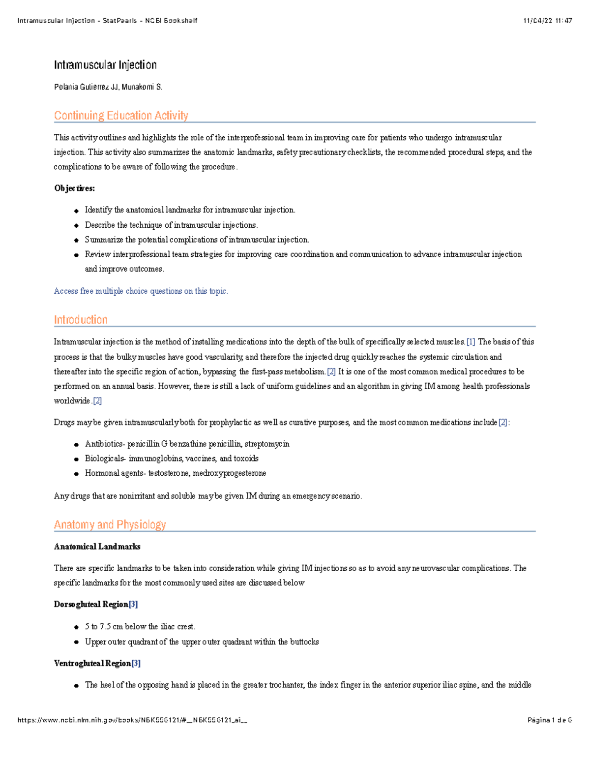 Intramuscular Injection - Stat Pearls - NCBI Bookshelf - Intramuscular ...