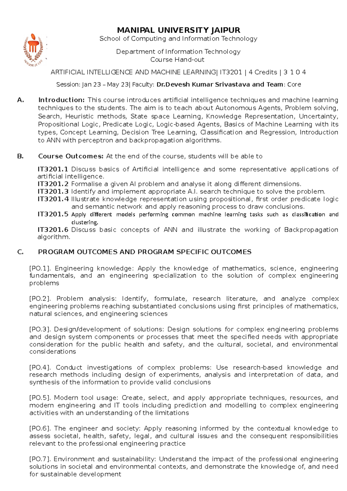 Handout-Artificial Intelligence and Machine Learning - IT3201 Jan 23 to May 23 - A. Introduction ...