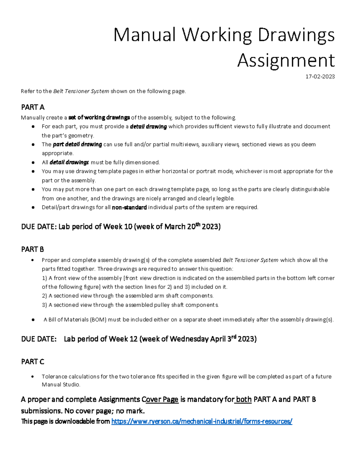 Manual Working DWG Assignment W2023 - Manual Working Drawings Assignment 17 - 02 - 2023 Refer to ...