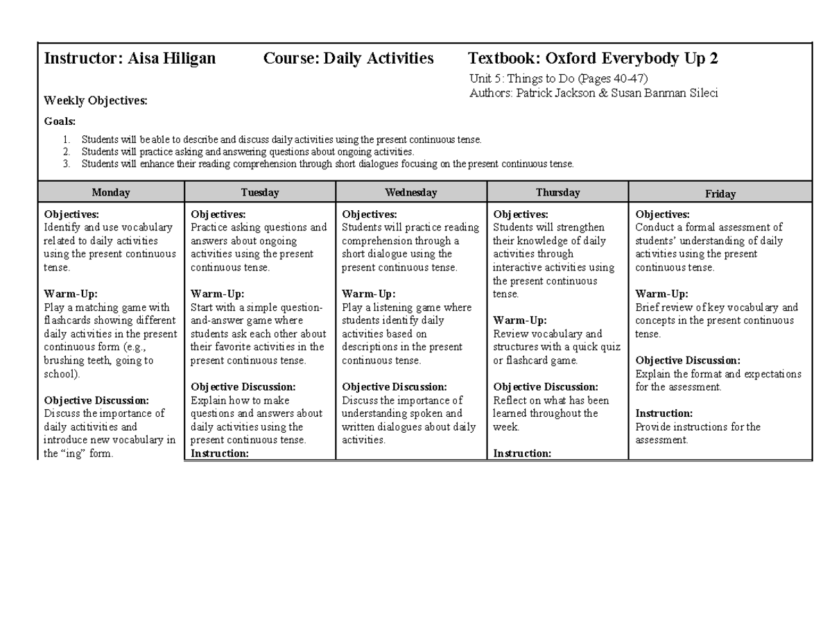 My 1-Week Lesson Plan - Instructor: Aisa Hiligan Course: Daily ...