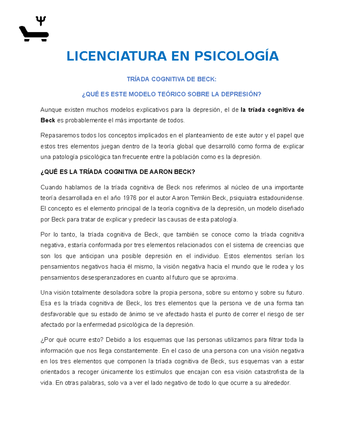 Tríada Cognitiva de Beck - LICENCIATURA EN PSICOLOGÍA TRÍADA COGNITIVA ...