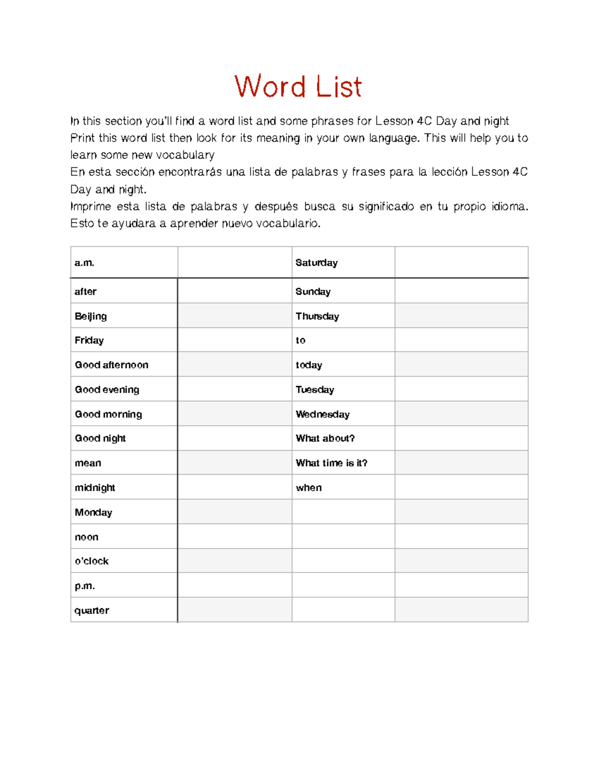 WL Les4C - Word List for Module 1 Lesson 4C Blue Skies 1 - Word List In ...