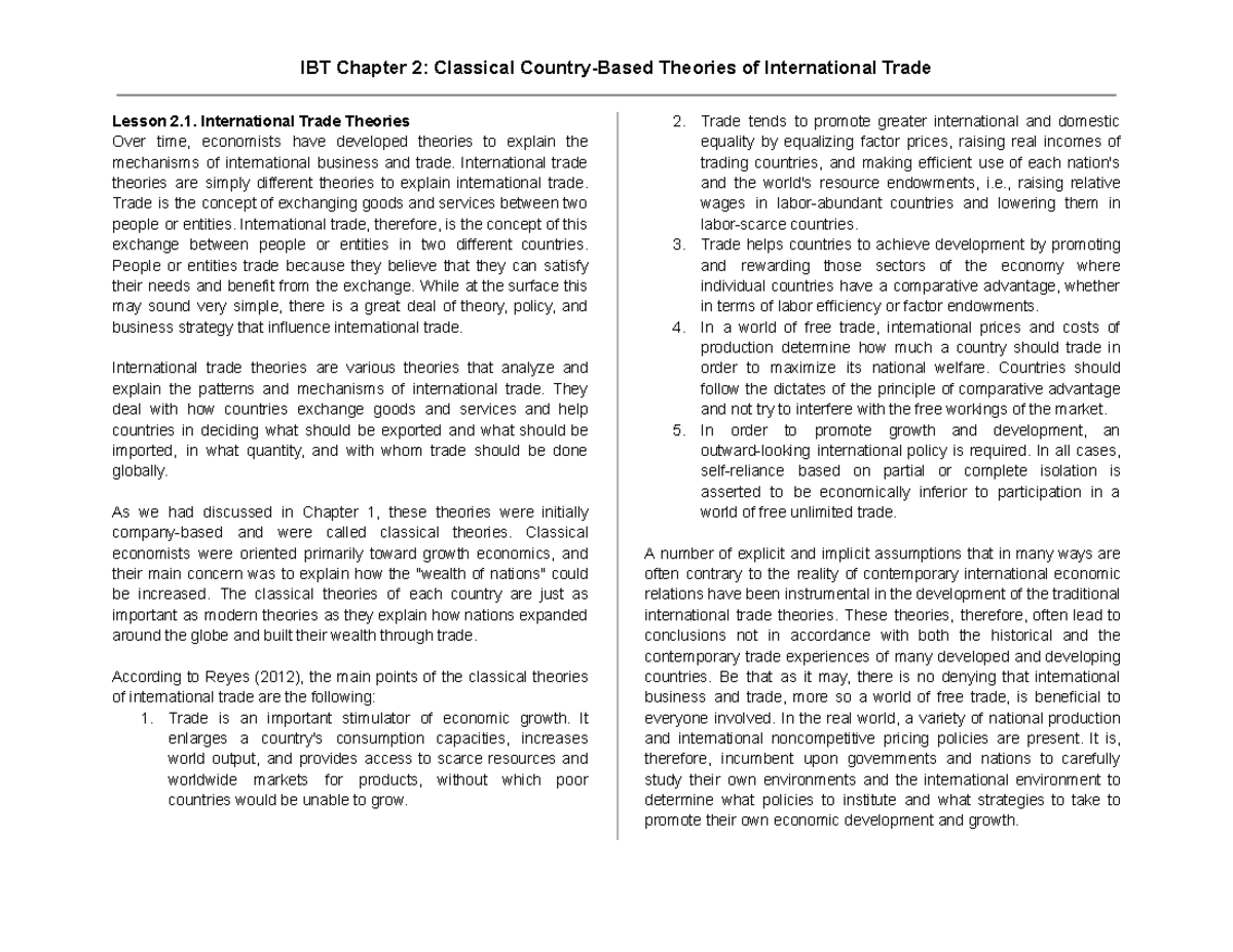 IBT Chapter 2 - sascasca - Lesson 2. International Trade Theories Over time, economists have ...
