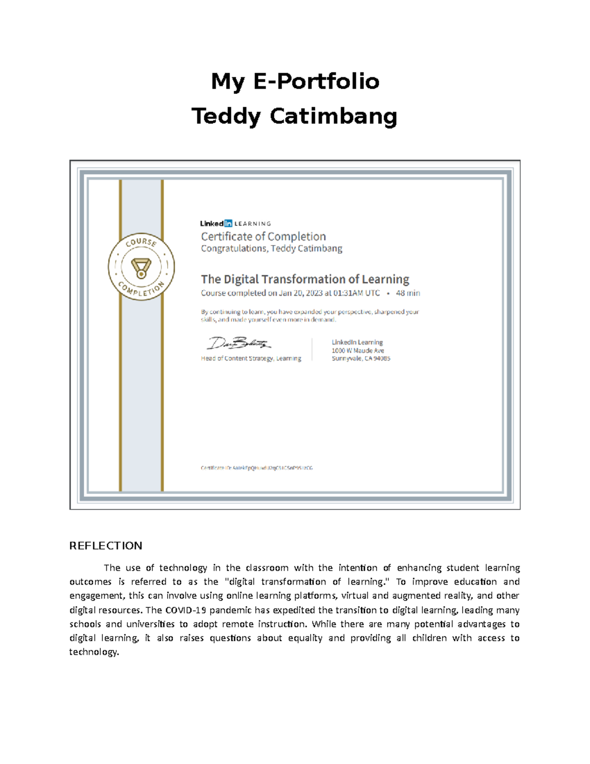 My E-Portfolio - sfsd - My E-Portfolio Teddy Catimbang REFLECTION The use of technology in the ...