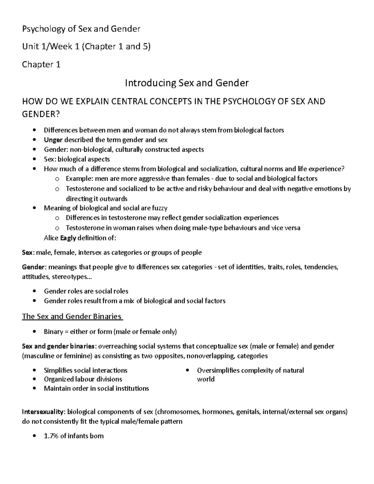 Unit 1 - Chapter 1 and 5 - Psychology of Sex and Gender Unit 1/Week 1 ...