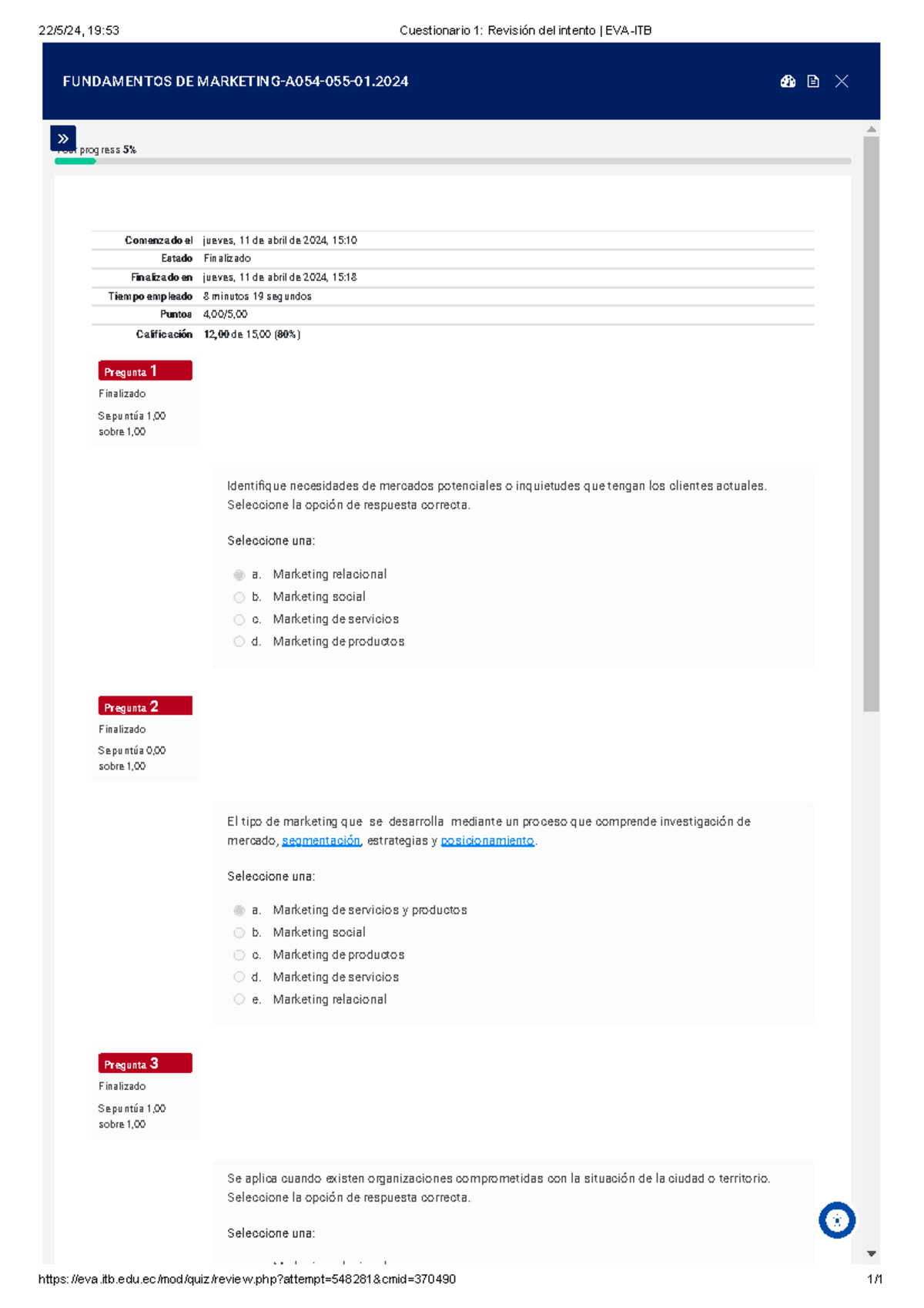 Cuestionario 1 Revisión del intento EVA-ITB-fundamentos de marqueting - Your progress 5% ...