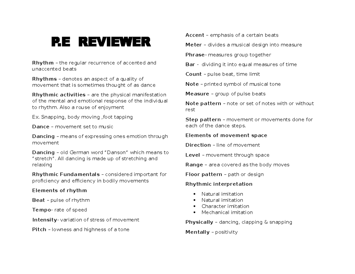 P.E Reviewer - P REVIEWER Rhythm – the regular recurrence of accented ...