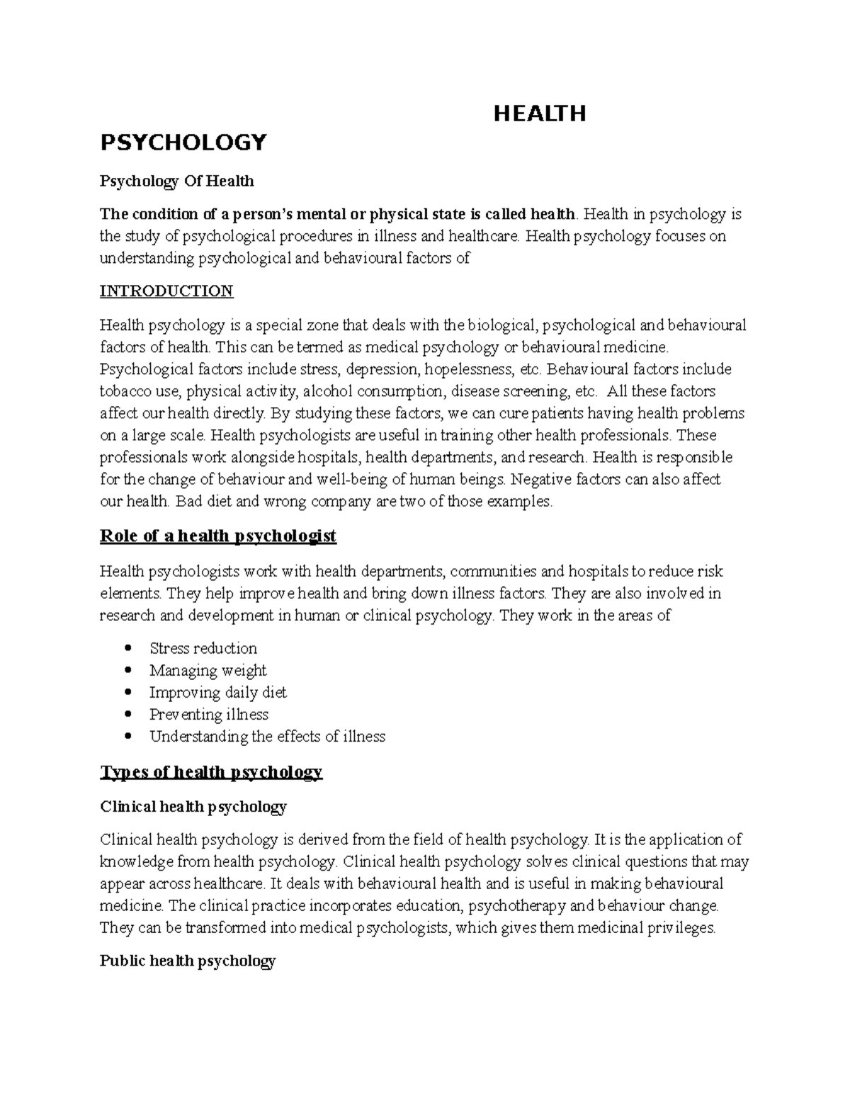 Health psychology - HEALTH PSYCHOLOGY Psychology Of Health The ...