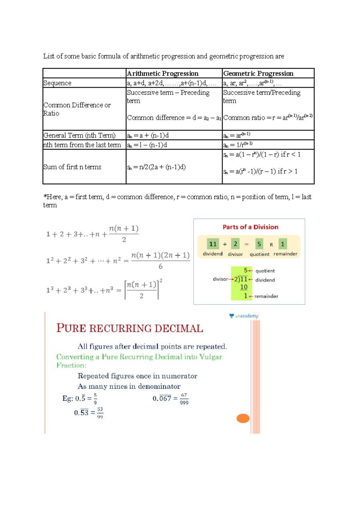 Series Formulae - formula - List of some basic formula of arithmetic ...